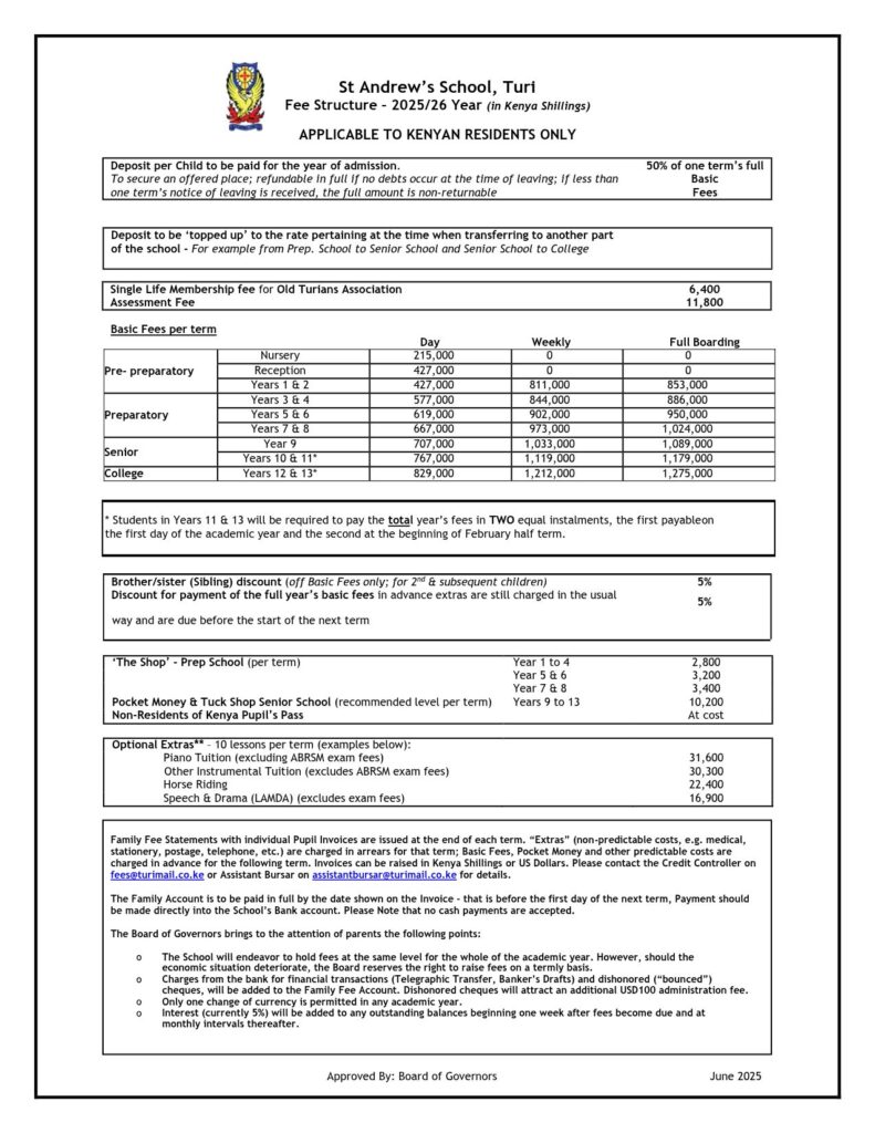 St. Andrews Turi Prep School Fees - International School in Kenya